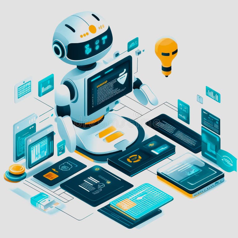 Futuristic Robot Assistant Surrounded by Digital Devices, Graphs, Data ...