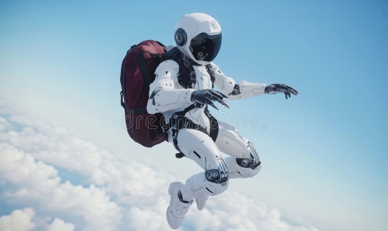Futuristic Robot Astronaut Soaring through Clouds with Advanced Jetpack ...