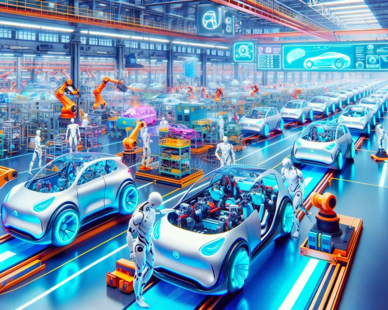 Futuristic Robot Automobile Manufacturing Factory Humanoid Workers ...