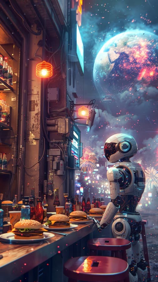 Futuristic Robot Bartender Serving Food in a Neon-lit Space Diner ...