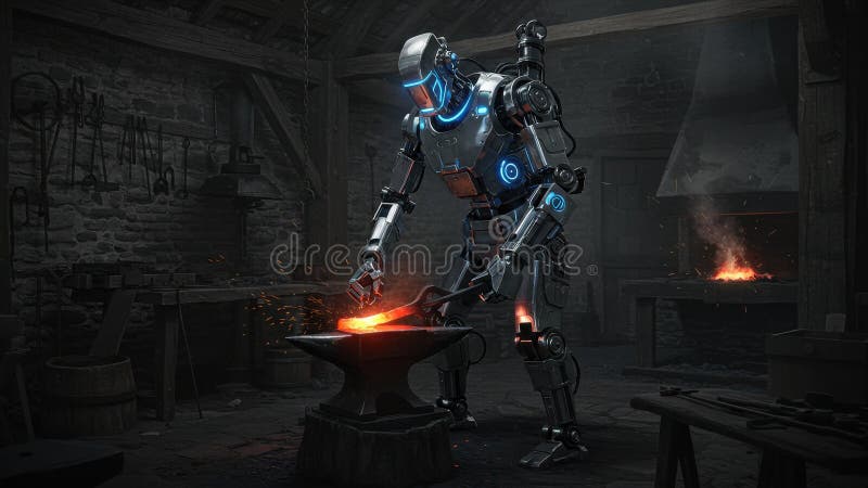 AI Robot Blacksmith stock illustration. Illustration of sparks - 373464980