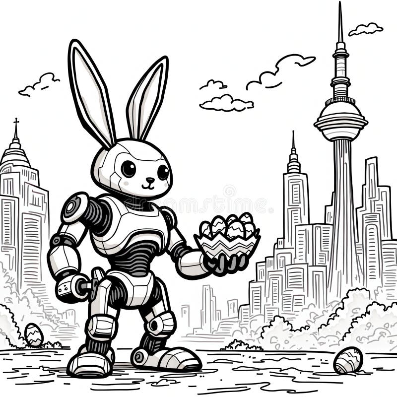Futuristic Robot Bunny Easter Egg Hunt City Stock Illustration ...