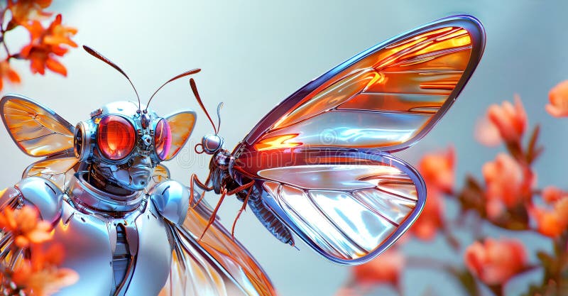 Futuristic Robot Butterfly in Nature Sci-Fi Insect and Blossoms. AI ...