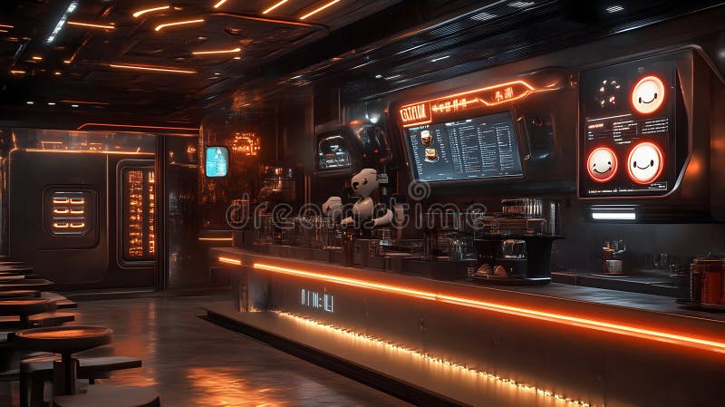 Futuristic Robot Cafe Interior with Neon Lighting Stock Illustration ...