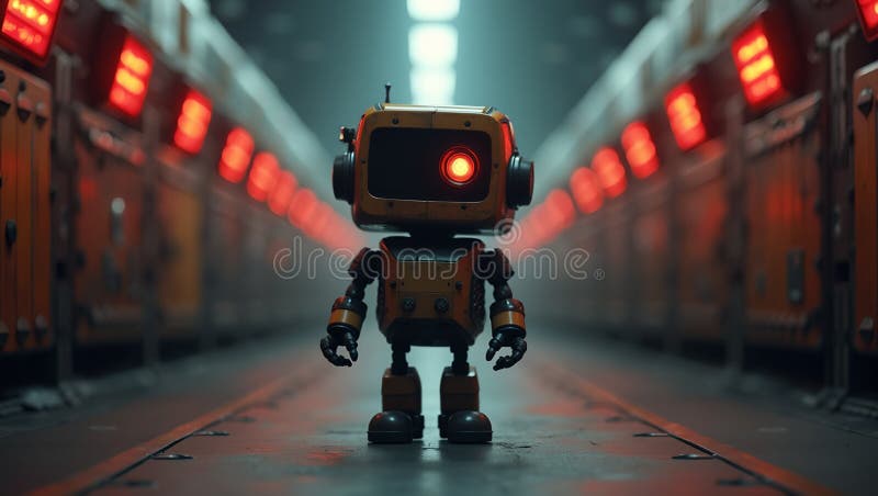 Futuristic Robot with Camera Eye in Power Plant Hallway with Warning ...