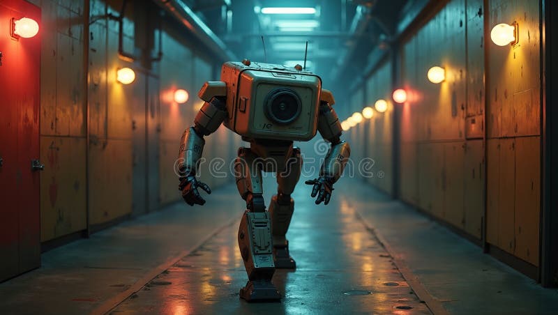 Futuristic Robot with Camera Eye in Power Plant Hallway with Warning ...