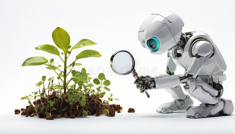 Robot Examining Plant with Magnifying Glass, AI and Nature Interaction ...