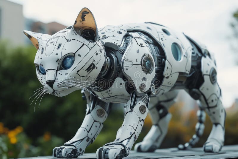 Futuristic Robot Cat with Glowing Blue Eyes Exploring an Urban Park ...