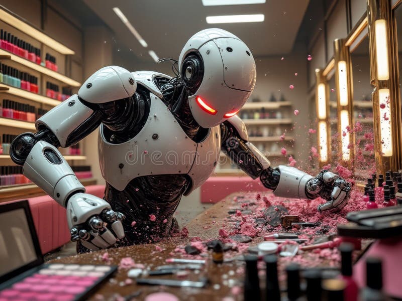 Futuristic Robot Causing Chaos in Makeup Store Stock Illustration ...