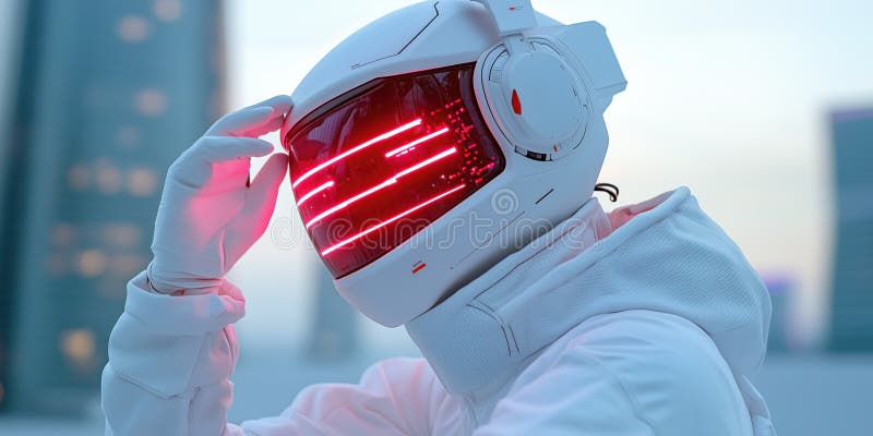 Futuristic Robot Character in White Suit with Glowing Red Visor Stock ...