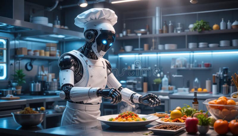 Futuristic Robot Chef Preparing Food in Modern Kitchen Stock ...