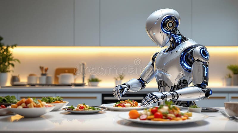 Futuristic Robot Chef Preparing Gourmet Meal in Modern Kitchen Stock ...