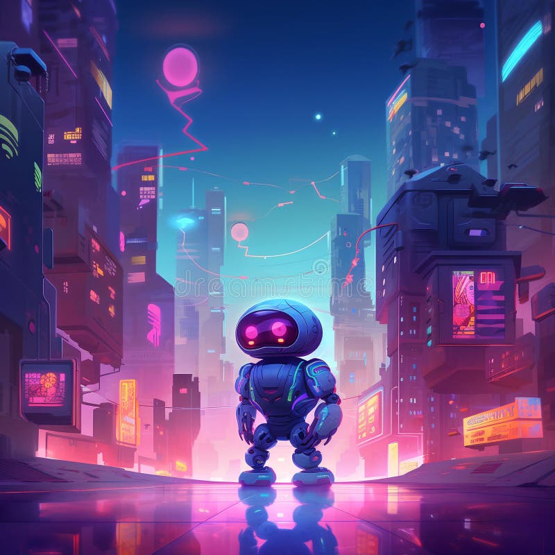 Futuristic Robot in the City at Night. 3d Rendering Stock Illustration ...