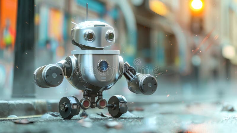 Futuristic Robot on a City Street. a High-tech Droid Exploring Urban ... Futuristic Robot on a City Street. a High-tech Droid Exploring Urban ...