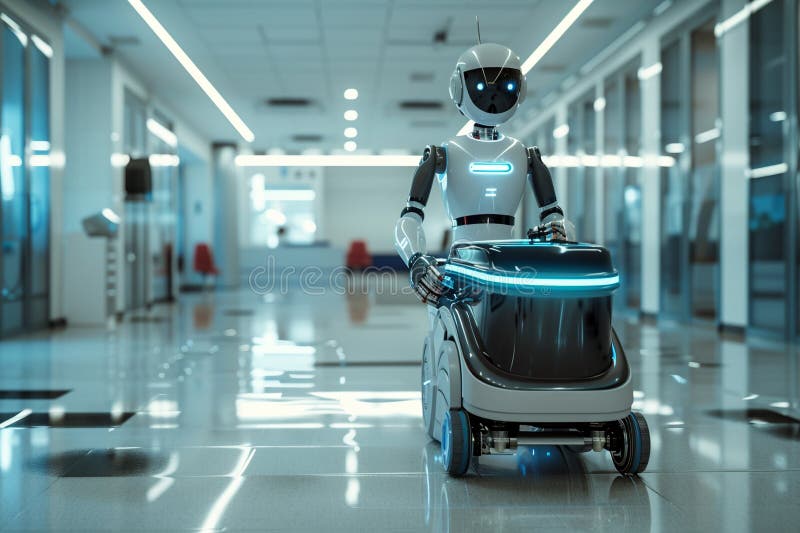 Robot Cleaning Machine in Modern Office Hallway Stock Photo - Image of ...