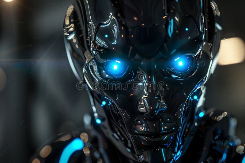 Futuristic Robot Closeup Glowing Blue Eyes Dark Metal Design Artificial ...