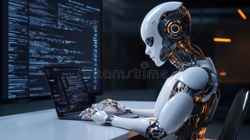 Futuristic Robot Coding on a Laptop with Large Screens Displaying Code ...