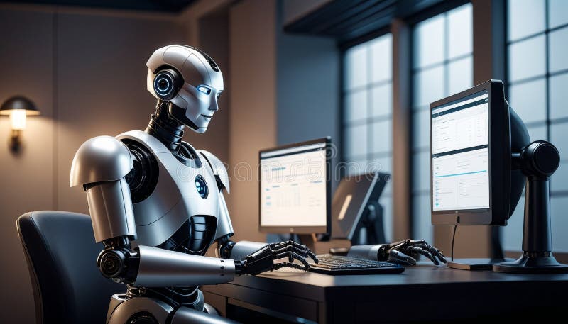 Futuristic Robot at Computer Workspace Stock Photo - Image of science ...