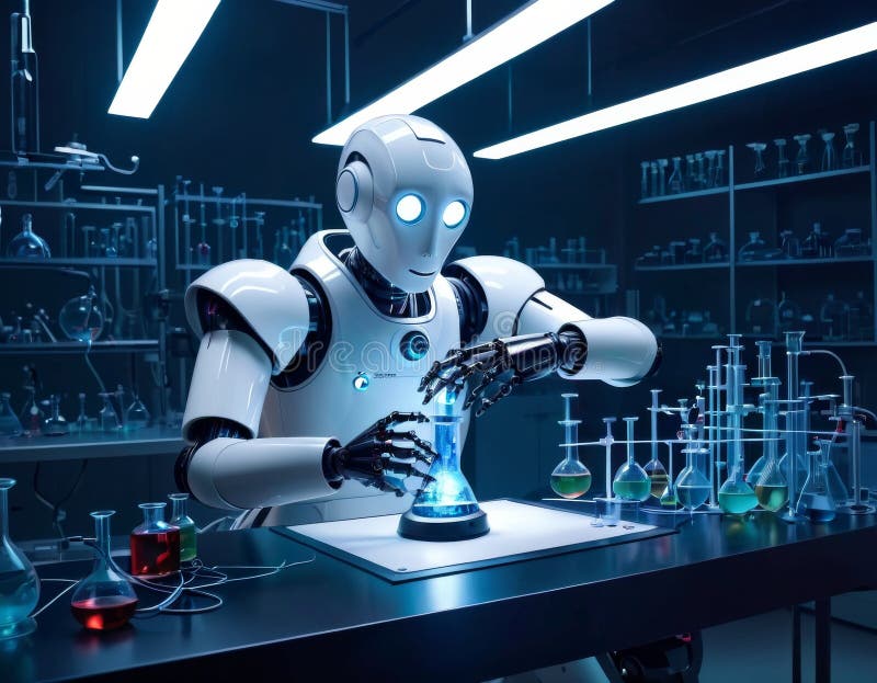 Futuristic Robot Conducting Experiments in Lab Stock Photo - Image of ...