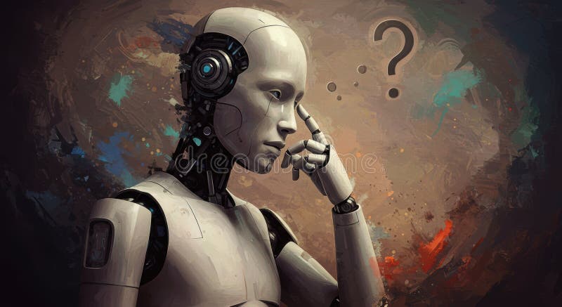 Futuristic Robot Contemplating with Question Marks Against Abstract ...