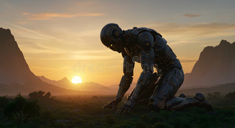 Futuristic Robot in Contemplative Pose at Sunset Mountain Landscape ...