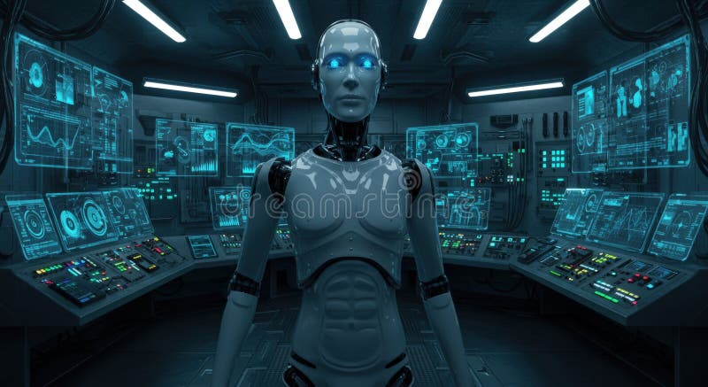 Futuristic Robot in Control Room Stock Illustration - Illustration of ...