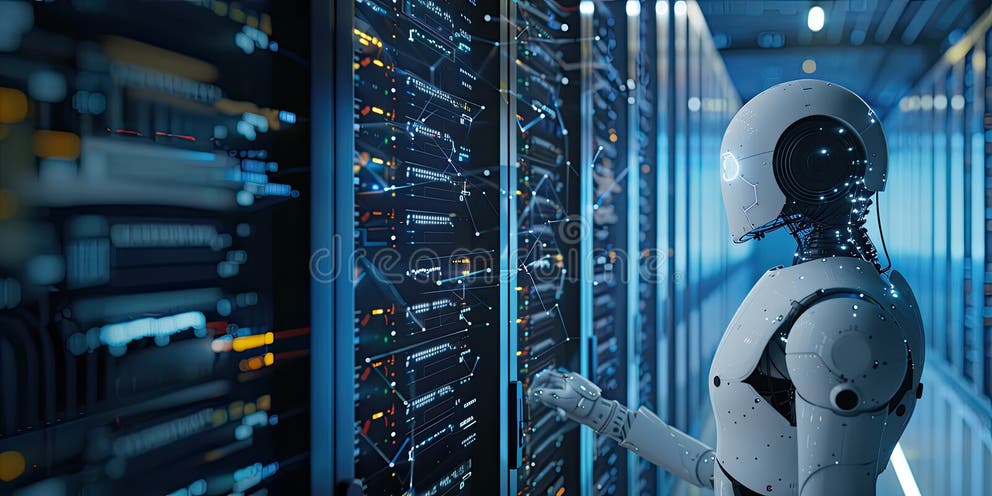 A Futuristic Robot Controls the Data Center in the Server Room ...