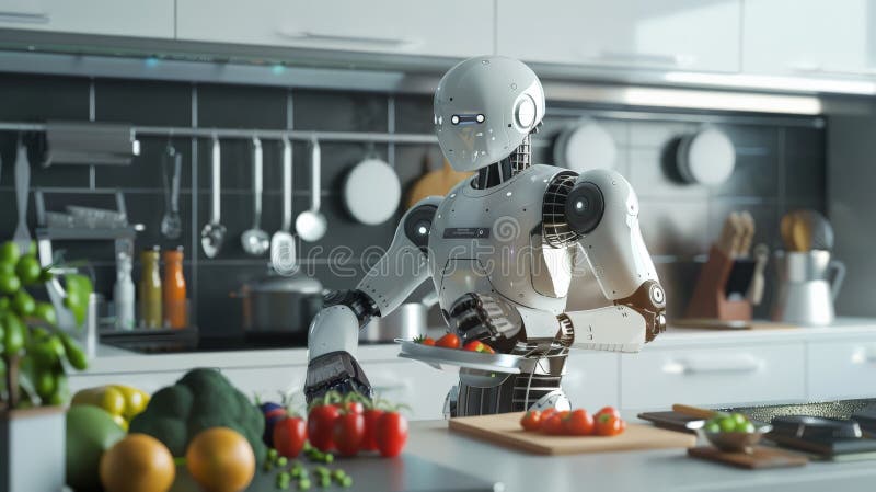 Futuristic Robot Cooking with Fresh Vegetables in High-tech Kitchen ...