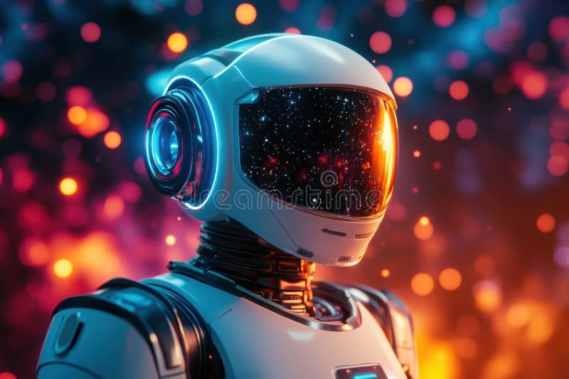 Futuristic Robot with Cosmic Helmet and Vibrant Background in a Sci-fi ...