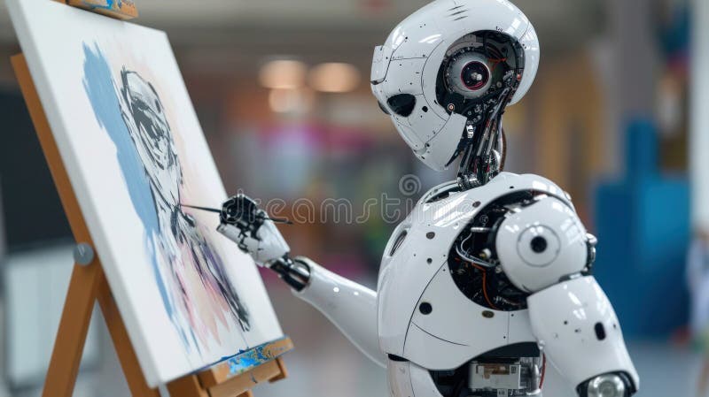 A Futuristic Robot Creates a Self-portrait at an Easel in a Bright ...