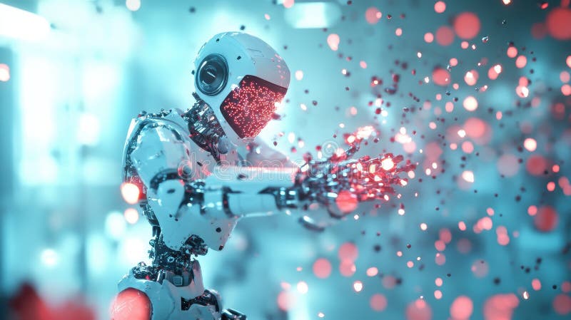 Futuristic Robot Creating Digital Particles with Glowing Hands Stock ...