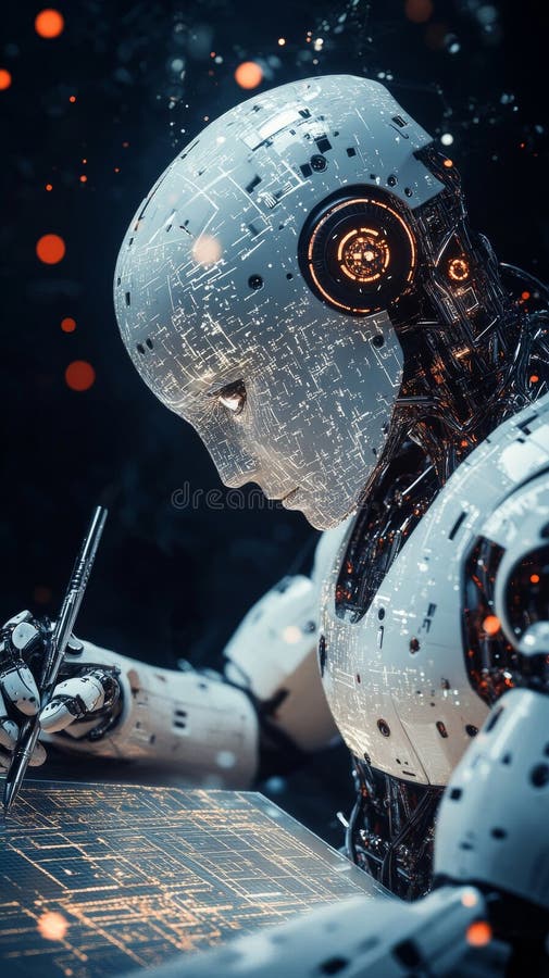 Futuristic Robot Creating Digital Schematics Stock Photo - Image of ...