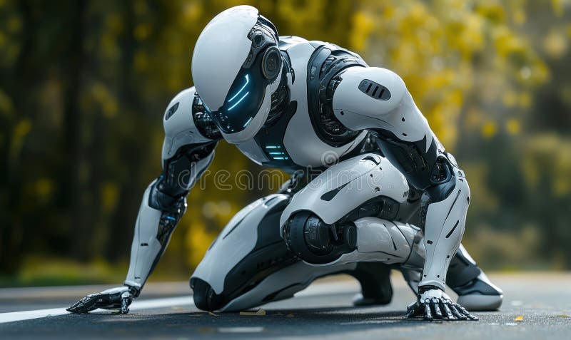 Futuristic Robot in Crouching Position, Sleek Design, Advanced ...