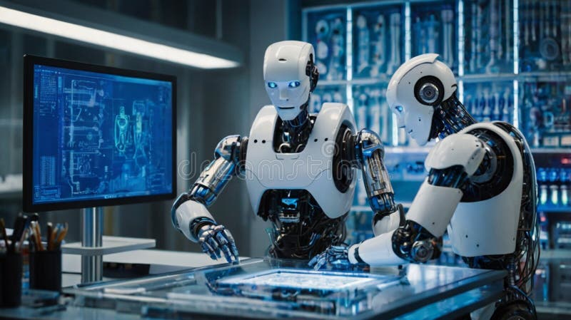 Futuristic Robot or Cyborg Working at Office Using Computer, Studying ...