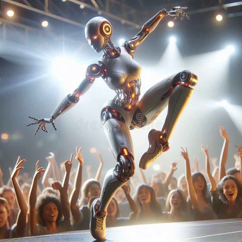 Futuristic Robot Dancing on Stage in Front of Cheering Crowd Stock ...