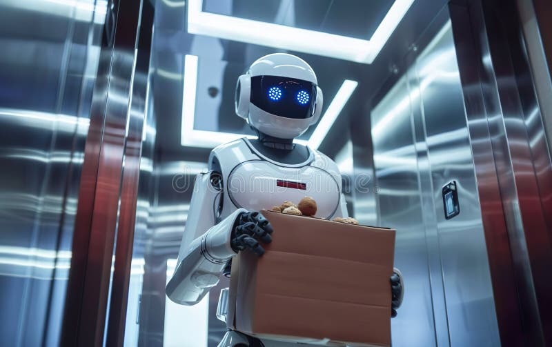 Futuristic Robot Delivering a Box Standing in Elevator. Future of ...