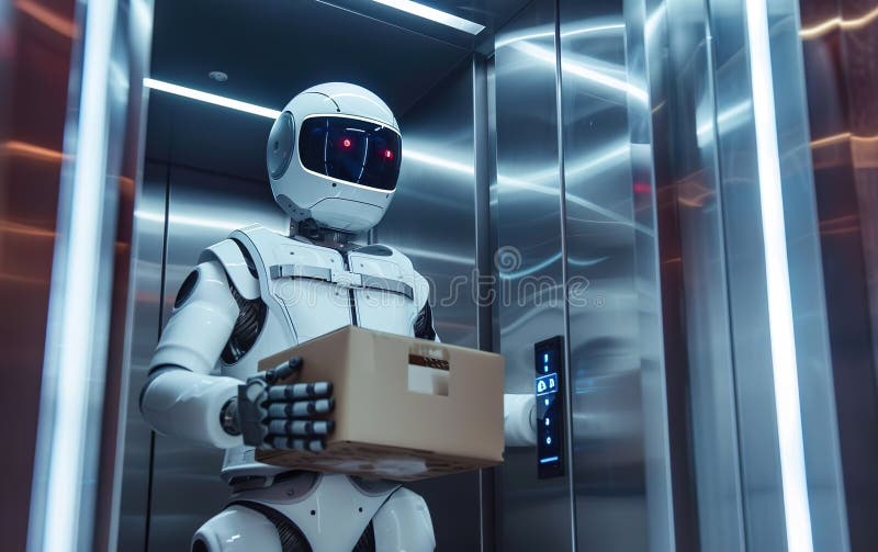 Futuristic Robot Delivering a Box Standing in Elevator. Future of ...
