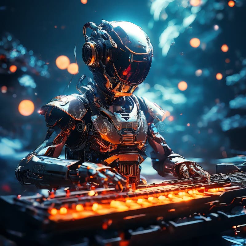 Robot DJ in a Futuristic Setting with Glowing Equipment Stock Image ...