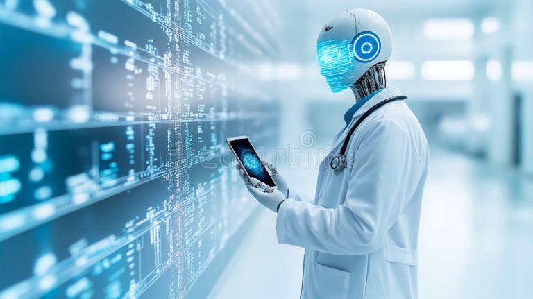 Futuristic Robot Doctor in Lab Coat Holds Tablet Analyzing Data in High ...