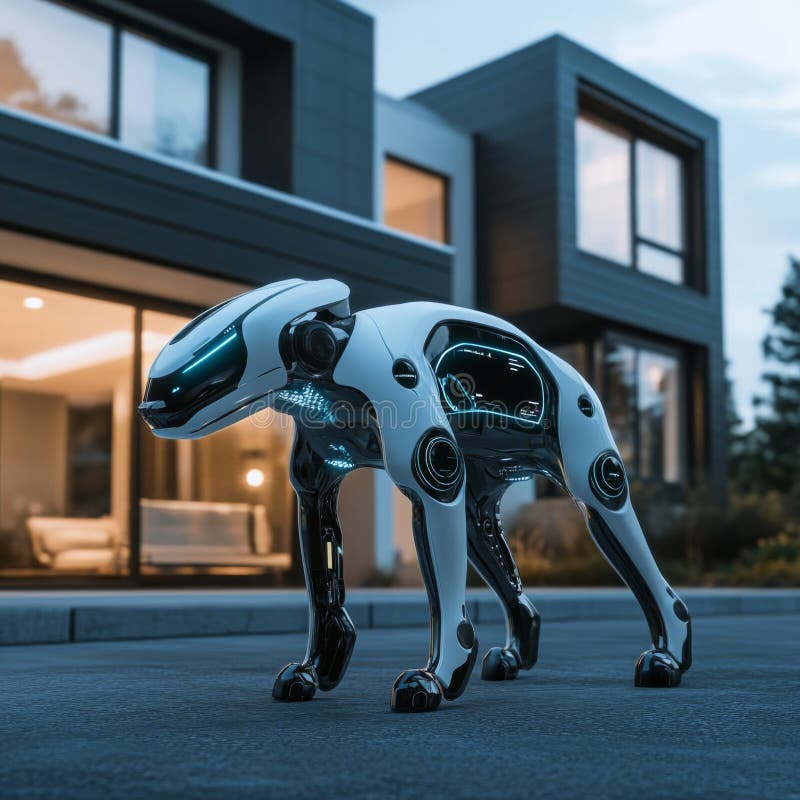 Futuristic Robot Dog Standing in Front of Modern Home Stock ...