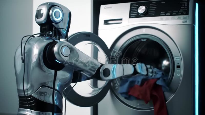 Futuristic Robot Doing Laundry by Loading Colorful Clothes into a ...