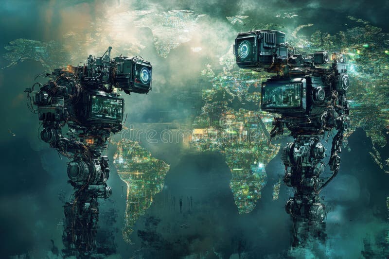 Futuristic Robot Duel on Digital World Map Stock Illustration ...