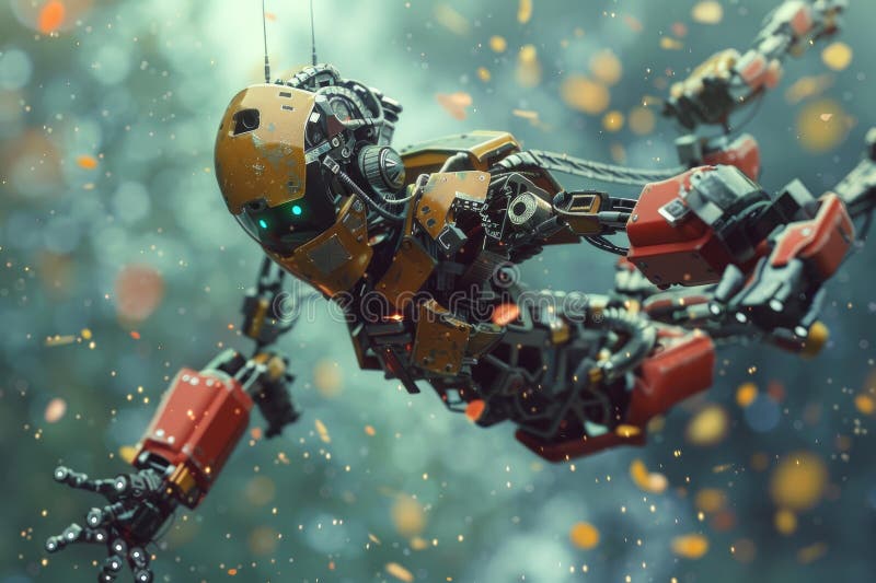Futuristic Robot in Dynamic Pose Amidst Sparkling Particles Stock Image ...