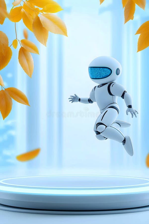 Futuristic Robot in a Dynamic Pose Surrounded by Golden Autumn Leaves ...