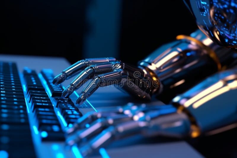 The Robot Types Text on the Keyboard and Works on the Computer. AI ...