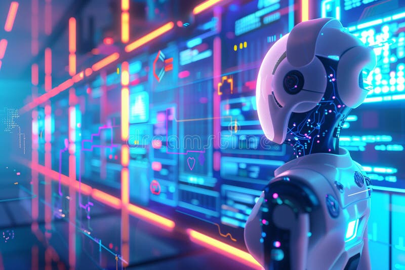 Artificial Intelligence Robot Head in Futuristic Laboratory. Stock ...