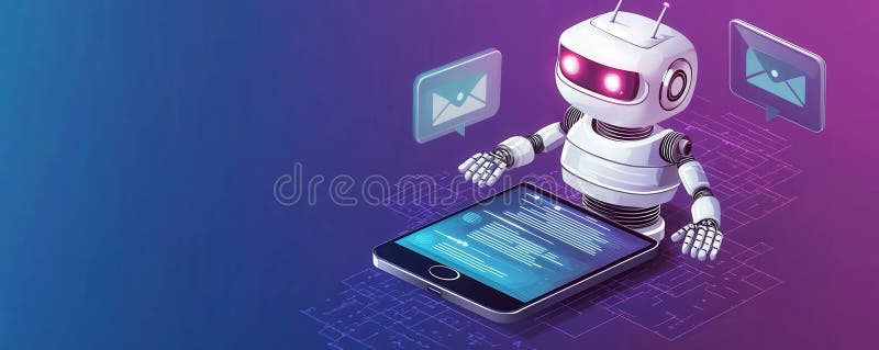 Futuristic Robot Emerging from Smartphone with Purple and Blue Gradient ...