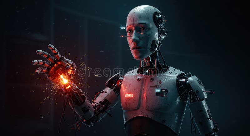 Futuristic Robot Encountering Glitch with Sparks and Warning Light ...