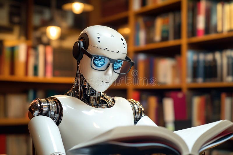 A Futuristic Robot Engaged in Reading a Book, Symbolizing Machine ...