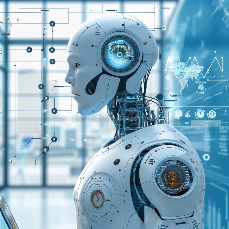 Futuristic Robot Engaging with Digital Tech in a Modern Environment ...